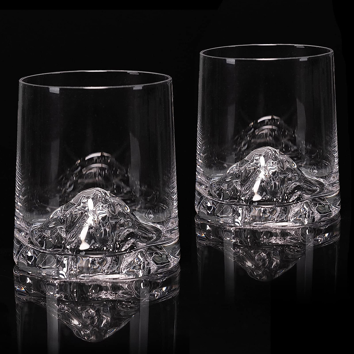 Crystal Whiskey Glasses,Hand Blown lead-free,Thick-Bottomed Mountain Glasse,Design of cup mouth to prevent splashing,Suitable for Scotch,bourbon,beer,old cocktail and other drink(Clear 2PCS)