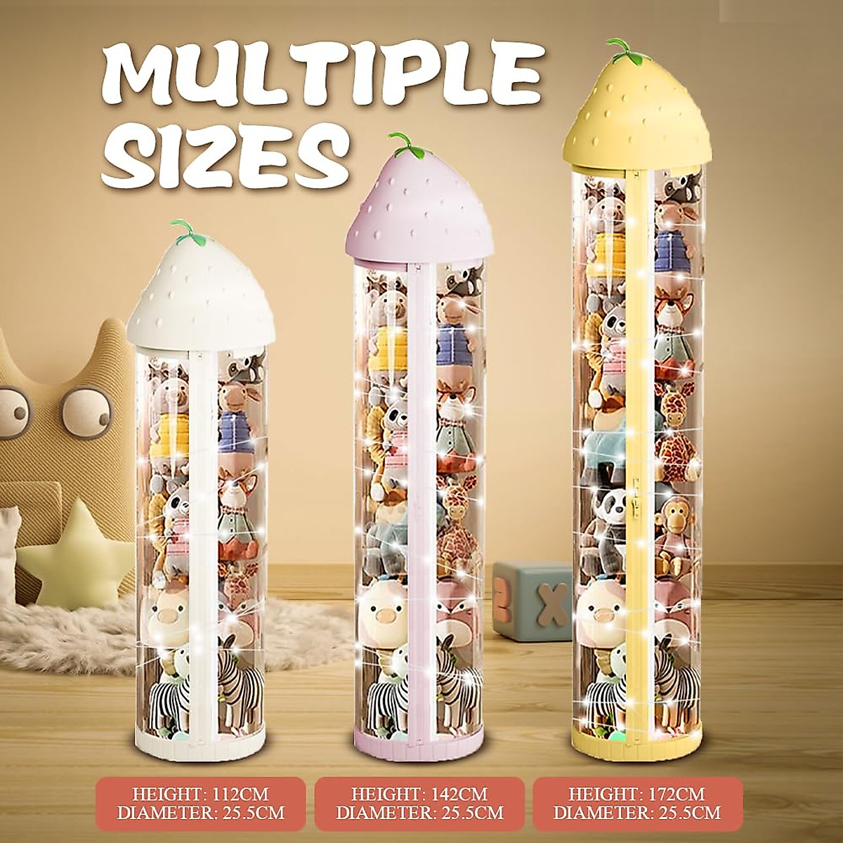 Bnmkt Stuffed Animal Storage Tube with Zipper and Lights, Rotation Vertical Toy Storage Tube with 360° Wheels, Toy Storage Tube, Clear Stuffed Animal Display Tube, Toy Tower Storage (White, 112cm)