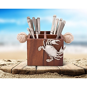 Vagabond House Caddy Square Acacia Wood Flatware / Serve ware / Utensil / Carry-All Holder with Solid Pewter Crab Accent and Real Rope Handles, 4 Compartments 11 inch x 8 inch