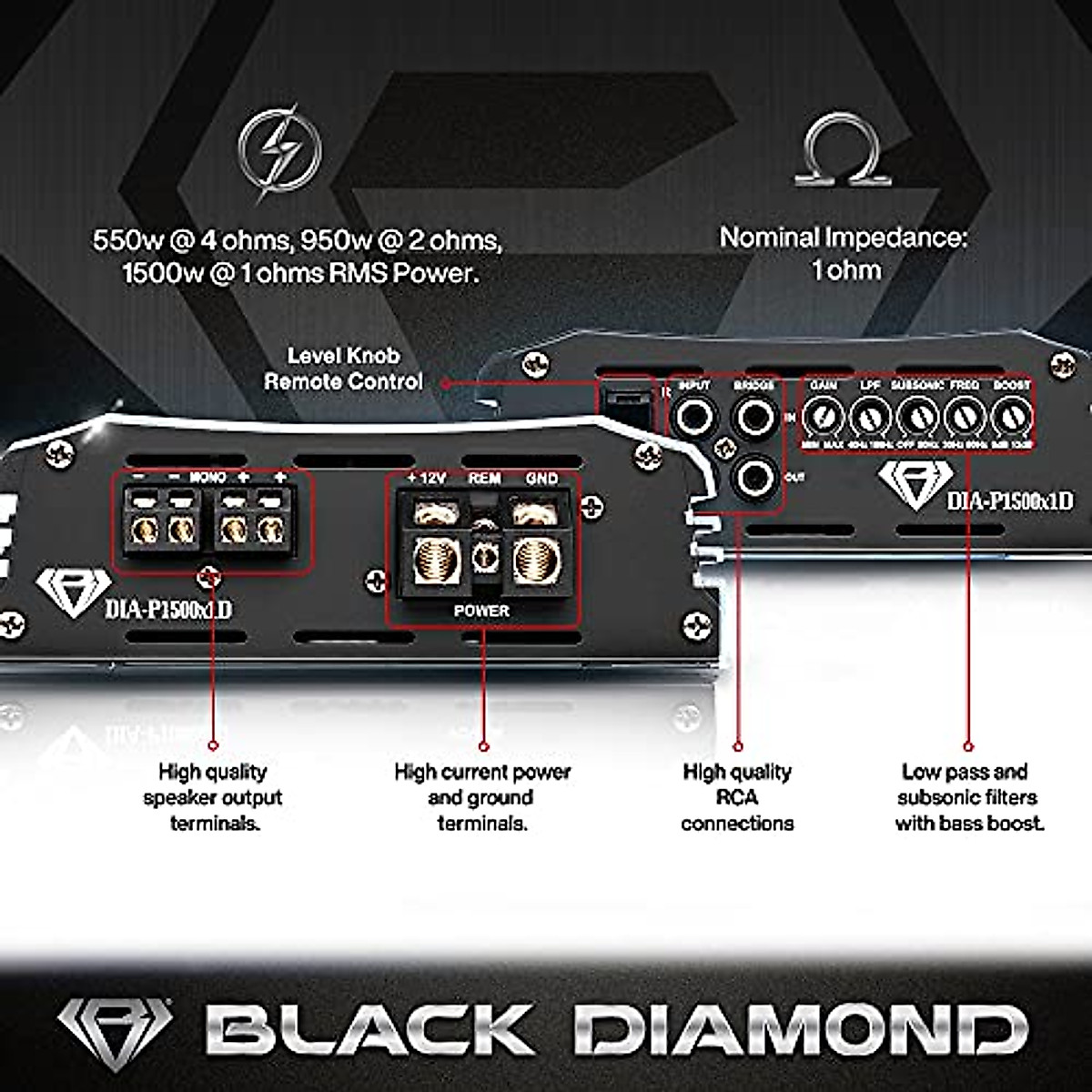 BLACK DIAMOND Monoblock 1500W Amp and 2 12" 4+4 Ohm Subwoofer Combo