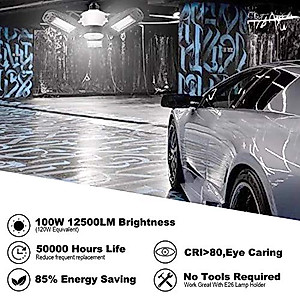 OOOLED LED Garage Lights 2 Pack, 100W Garage Light, Deformable LED Garage Ceiling Lights Supporting E26/E27 Base, 12500LM 6500K Cold White, LED Lights for Garage, Warehouse, Workshop, Basement