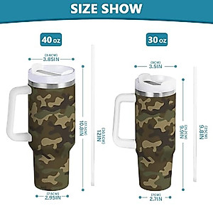 GKCLOCK 40 oz Tumbler with Handle and Straws, Insulated Reusable Stainless Steel Travel Coffee Mug Water Bottle for Office & Outdoor, Cupholder Friendly (Green Camouflage Style)