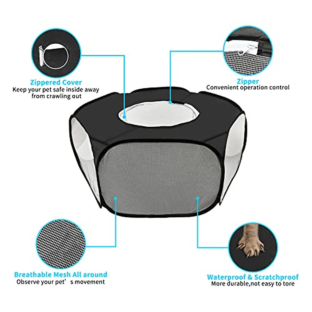 JIMEJV Guinea Pig Playpen, Waterproof Small Animals Playpen with Anti Escape Cover Portable Cat Playpen Breathable Indoor/Outdoor Yard Exercise Cage Tent for Hamster Puppy Chinchillas Rabbits(Black)