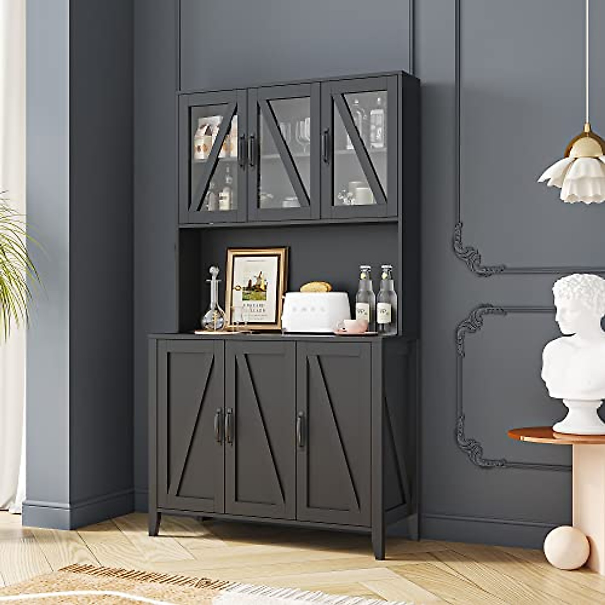 Goohome Large Freestanding Kitchen Pantry, Buffet Sideboard Wardrobe& Kitchen Glass Doors,Open Shelves and Drawer,Tall Utility Storage Cabinet for Living Room, Black