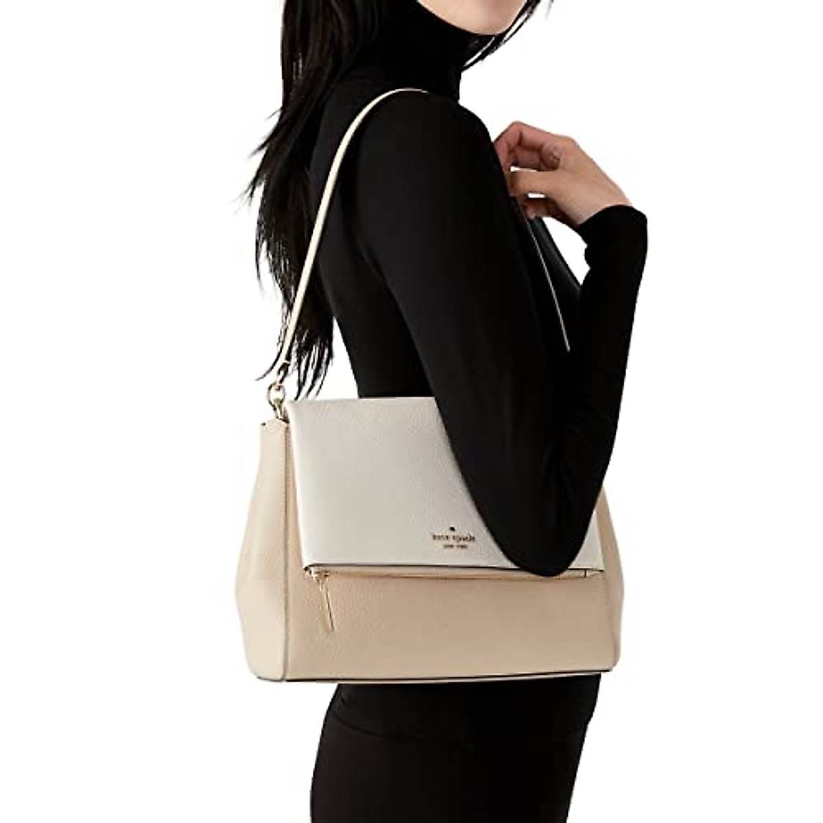 Kate Spade Leila Colorblock Pebbled Leather Flap Shoulder Bag Light Sand