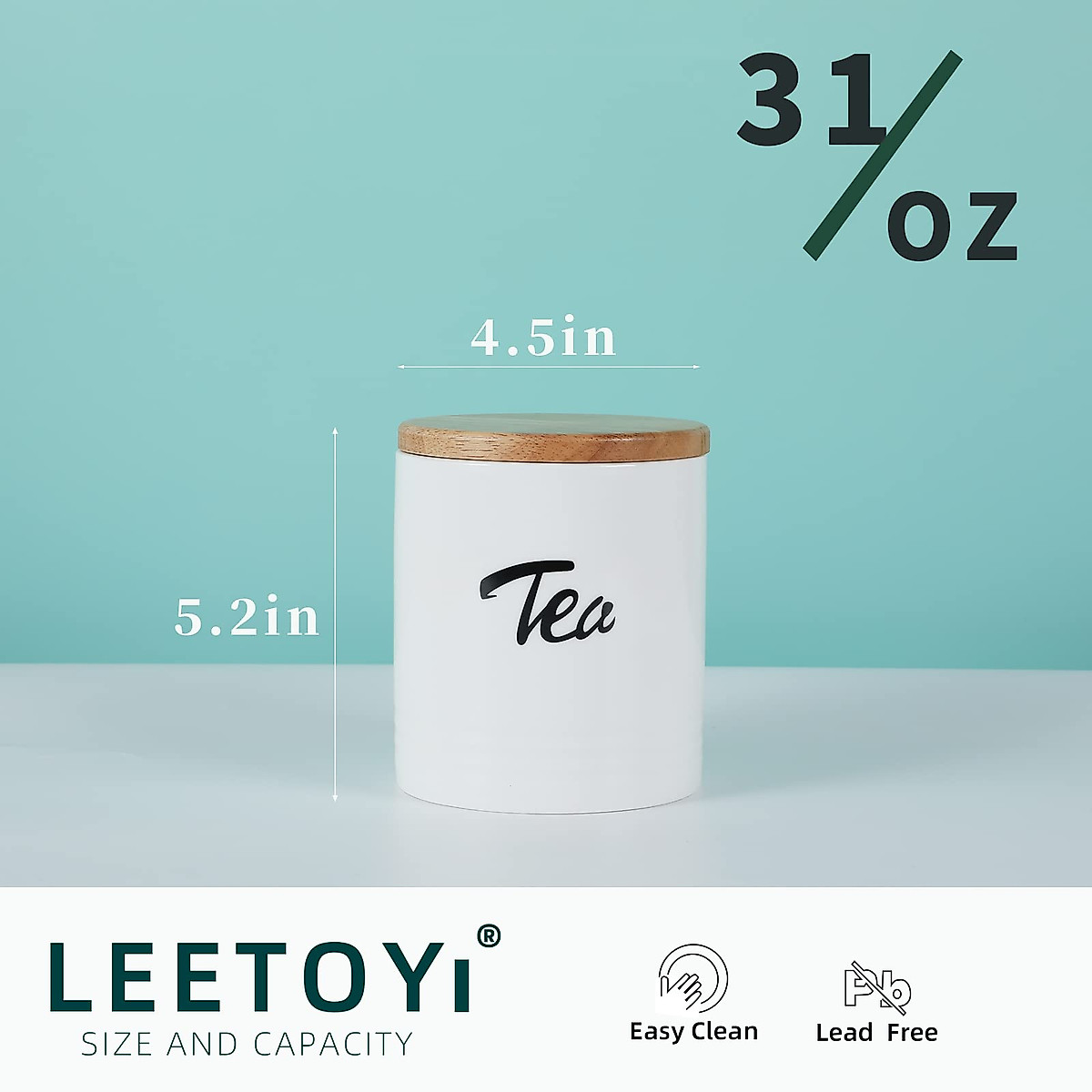 LEETOYI Porcelain Food Storage Containers with Lid, 4.5 Inch 31oz White, Labeled Tea