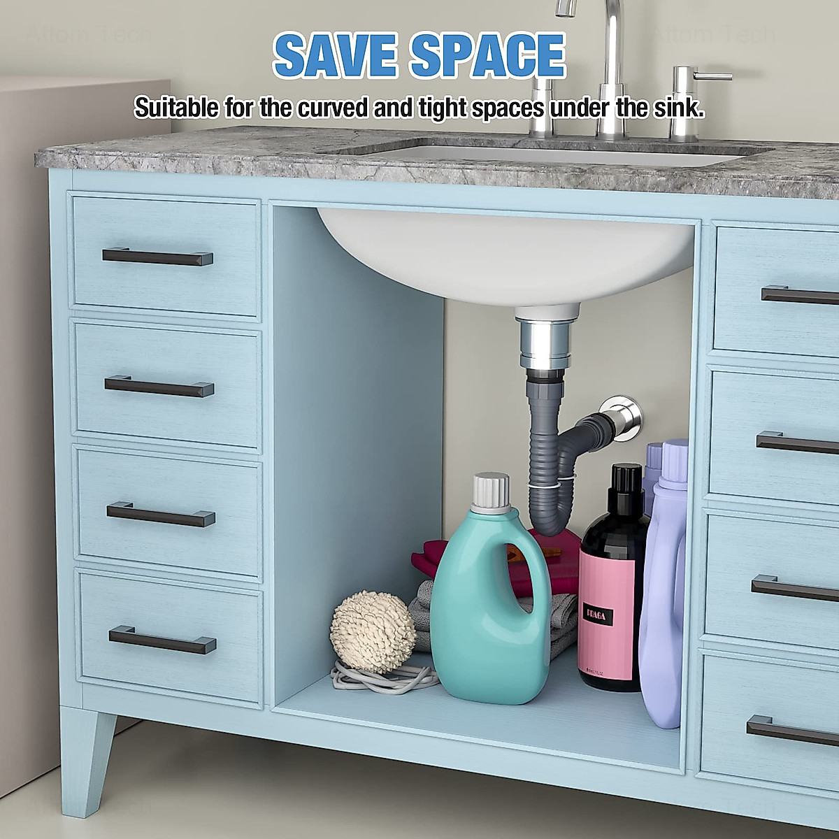 NiHome Expandable Flexible 1 1/2" or 1 1/4" P-Trap Pipe for Single Kitchen Sink, with Adapter Sealing Ring Tape Drain Tubing Pipe Kit for Kitchen Sink Drain & Garbage Disposal (Grey)