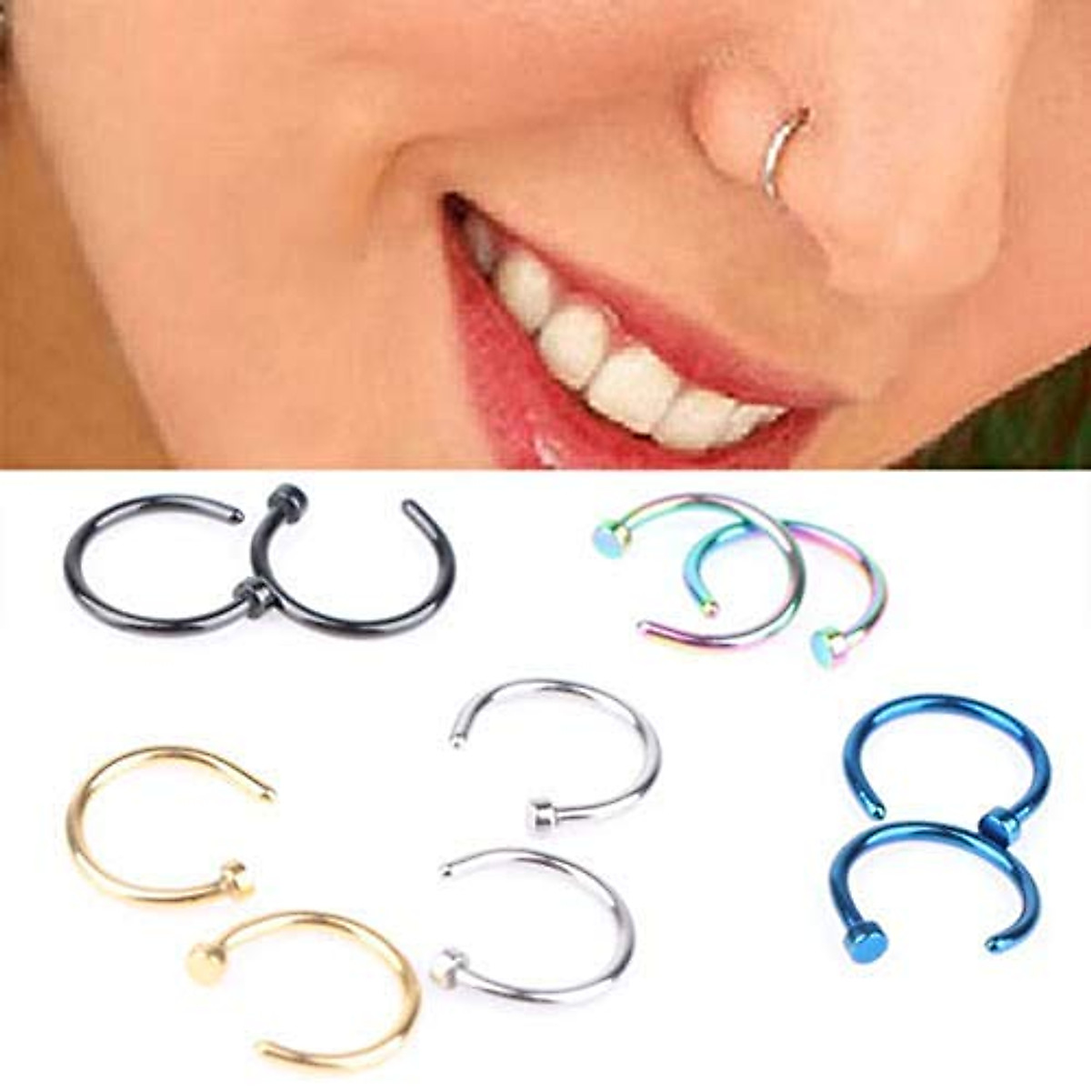 yueton Pack of 10 Nose Studs, Assorted Stainless Steel Body Jewelry Piercing Nose Open Hoop Ring Earring Body Piercing Studs Body Slave Jewelry