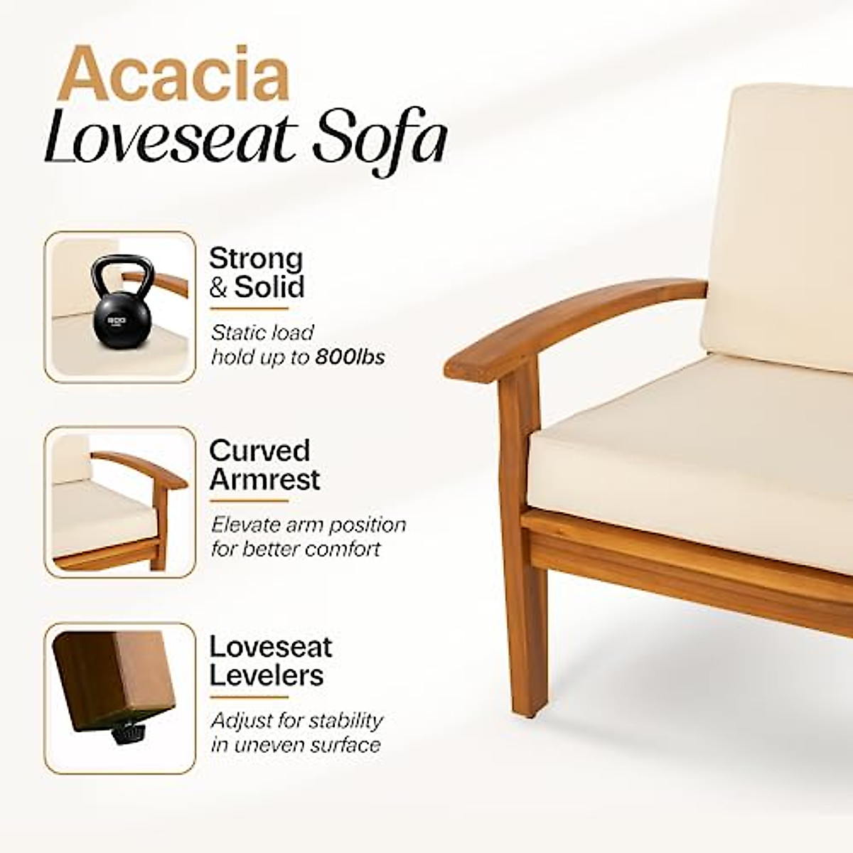 IDZO Laurent 3 Piece Acacia Wood Patio Furniture Set, 1 Outdoor Loveseats + 2 Outdoor Club Chairs, Teak Finish Wooden Patio Furniture Set with 3.9in Thick Soft Cushions for Porch Patio Garden