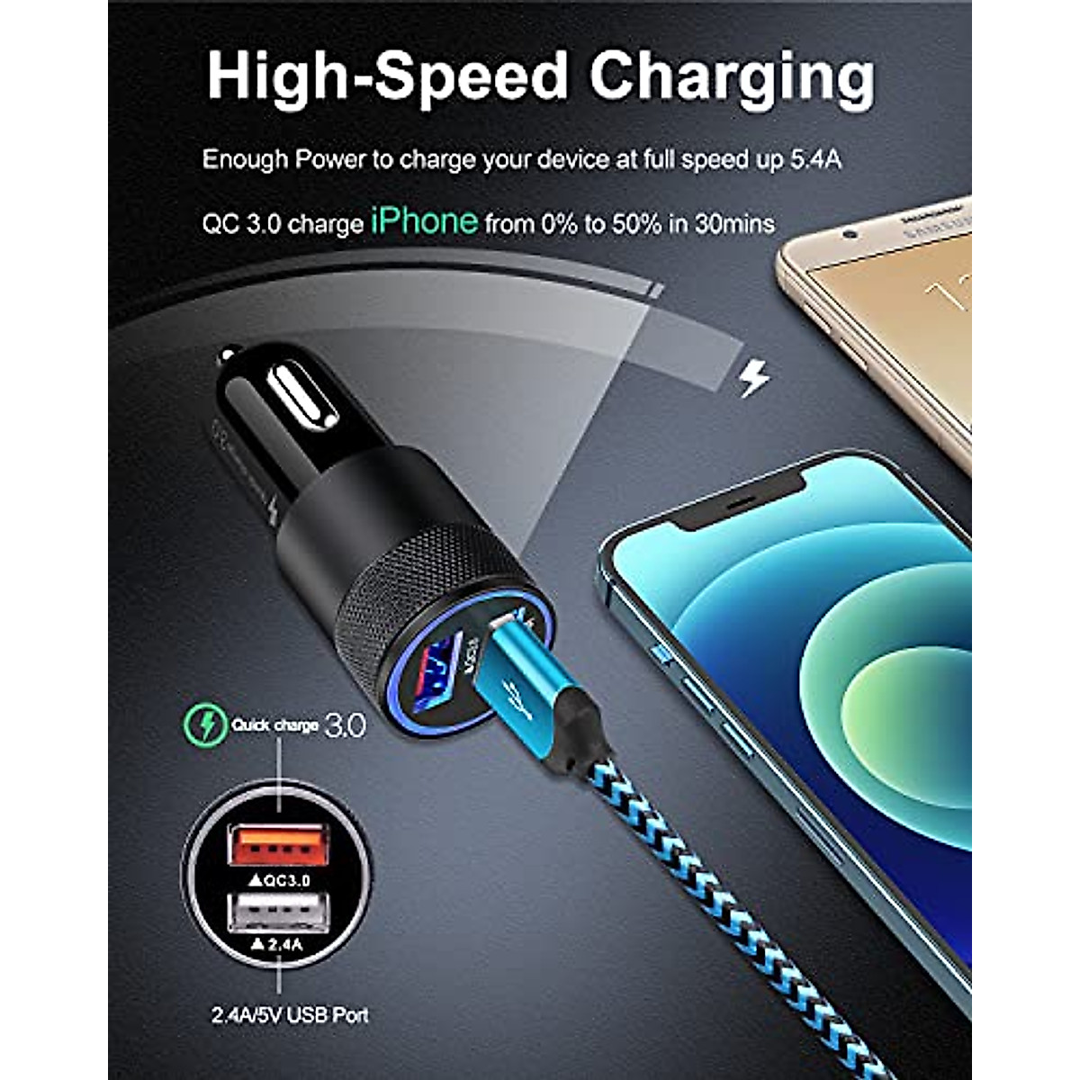 iPhone Car Charger Fast Charging for iPhone 14 13 12 Pro Max Mini SE 11Pro Max X 10 XR XS 8 Plus, 30W Dual Port Cigarette Lighter Adapter + Braided Apple Lightning Cable i Phone Charger Cord Wire 6FT