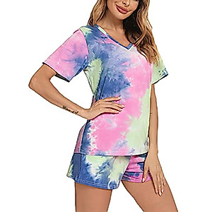EISHOPEER Womens Tie Dye Printed Tee and Shorts Pajamas Set Sleepwear Pjs Sets LoungewearMulticolored S