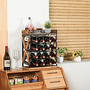 ThreeHio Wood Countertop Wine Rack, 16 Bottle Wine Bottle Holders Stands Wine Storage Racks with Tray, 4 Tiers Table top Wine Racks for Kitchen Counter Tops, Pantry