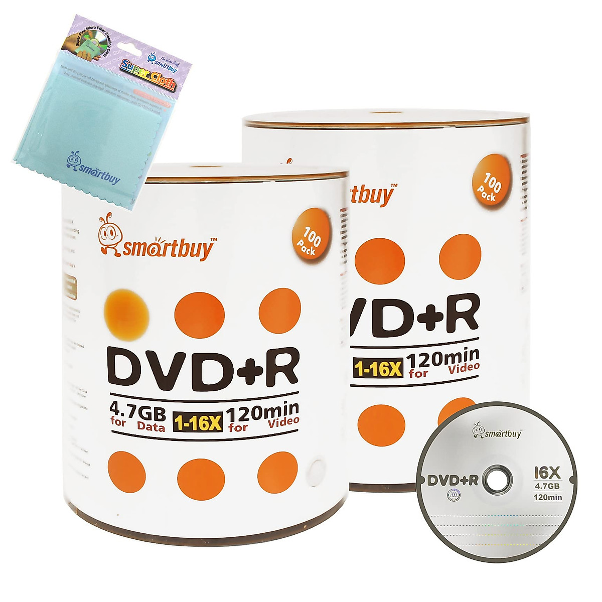 Smartbuy 200-disc 4.7GB/120min 16x DVD+R Logo Top Blank Media Record Disc + Free Micro Fiber Cloth