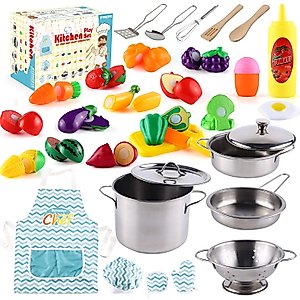 35 Pcs Kitchen Pretend Play Accessories Toys,Cooking Set with Stainless Steel Cookware Pots and Pans Set,Cooking Utensils,Apron,Chef Hat,and Cutting Play Food for Kids,Educational Learning Tool