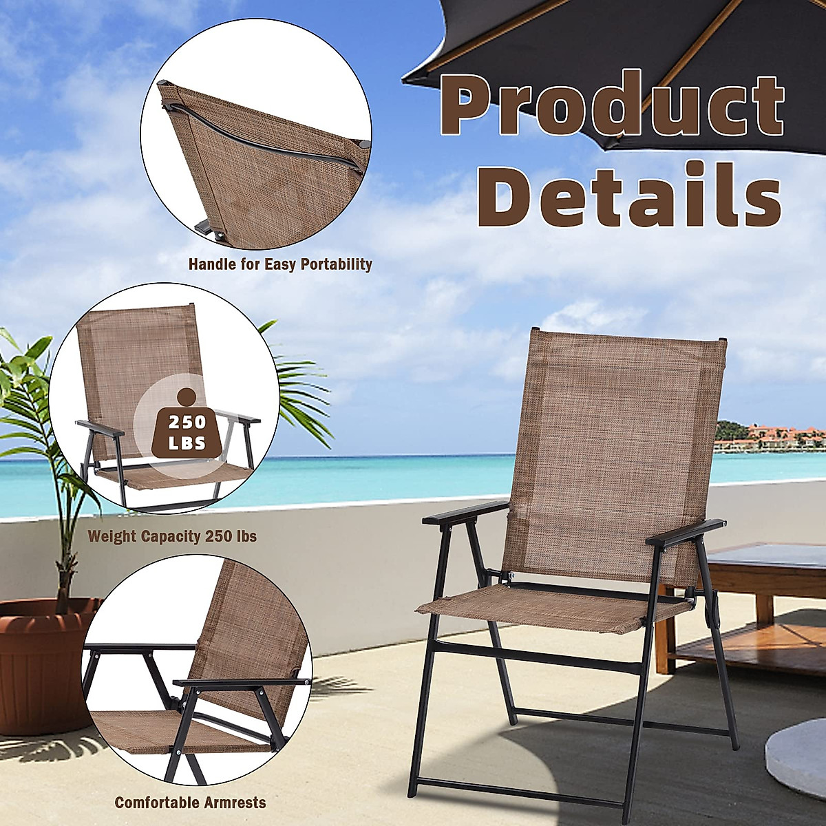 VICLLAX Folding Patio Chairs with Arms, Portable Patio Dining Chairs Sling Back Chairs for Garden, Set of 2