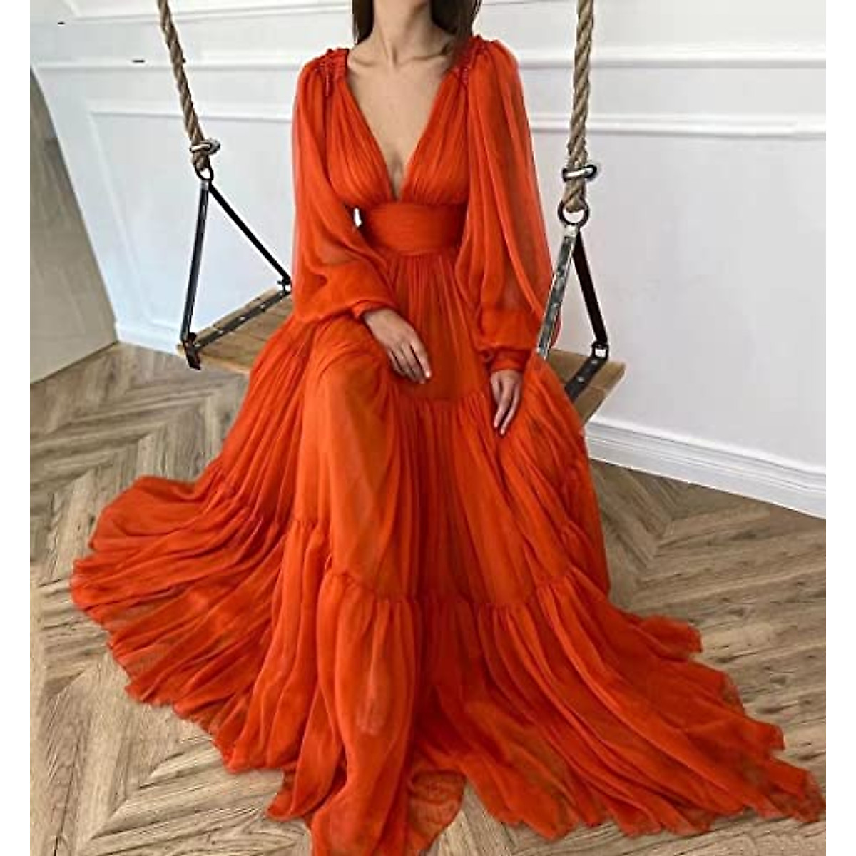 Women's Puffy Tulle Formal Evening Party Gowns Long Sleeve Princess Dress V Neck Ruched Prom Dresses White