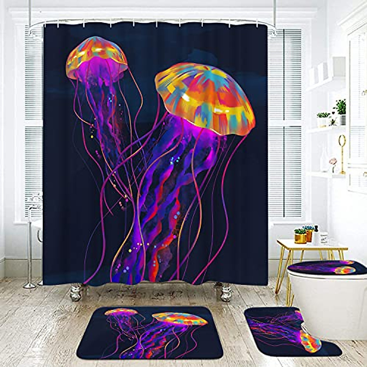DuoBaorom 4 Pieces Set Jellyfish Shower Curtain Set Abstract Ocean Marine Animal Picture on Non-Slip Rugs Toilet Lid Cover Bath Mat and Bathroom Curtain with 12 Hooks 72x72inch