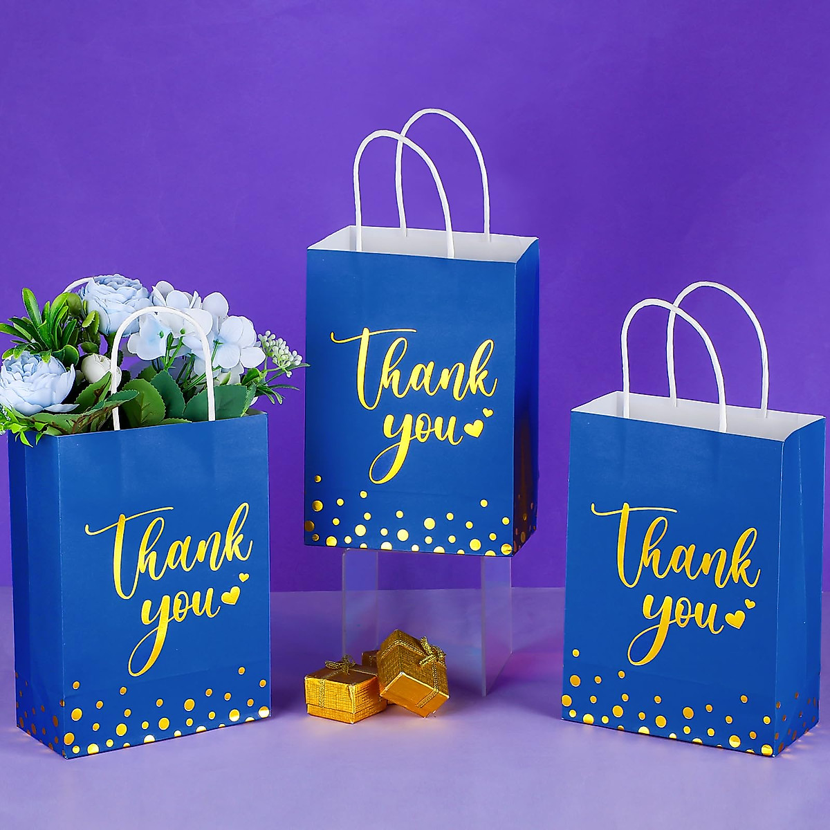 PerKoop 60 Pcs Thank You Gift Bags Bulk Paper Gold Thank You Wedding Bags with Handle for Business, Shopping, Wedding, Baby Shower, Party Favors (Royal Blue)