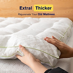 Cooling Mattress Topper Queen or Back Pain, Extra Thick Mattress Topper Cover, Plush Pillow Top Overfilled with Down Alternative, Deep Elastic Pocket, White