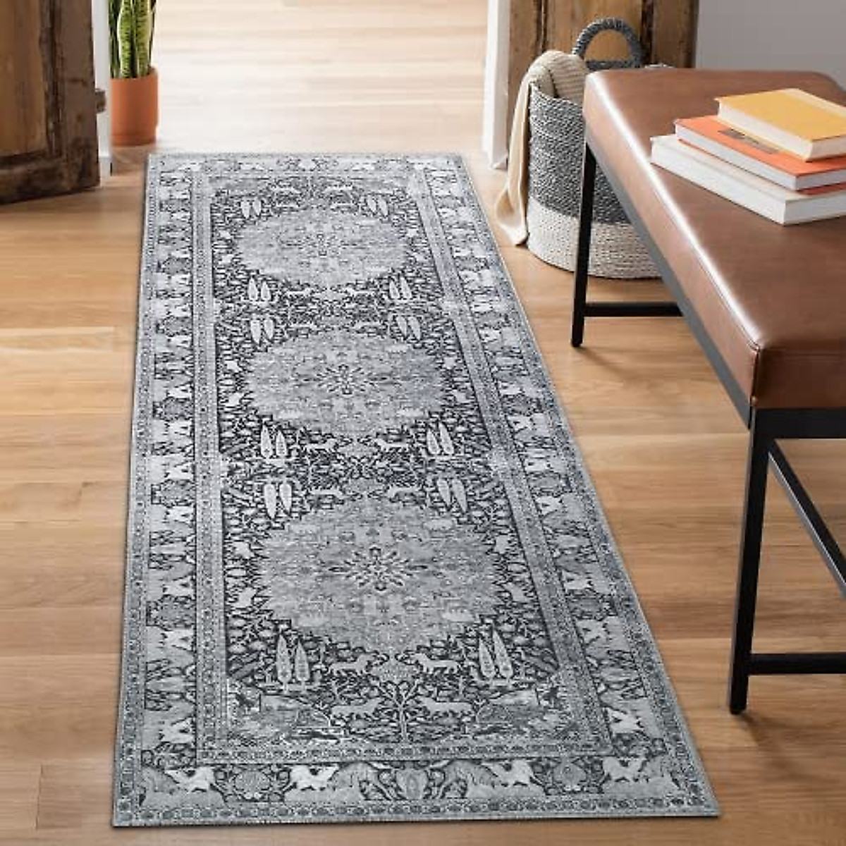 SUPERIOR Traditional Medallion and Nature Flat-Weave Indoor Runner Rug, 2' 6" x 7' 6", Charcoal