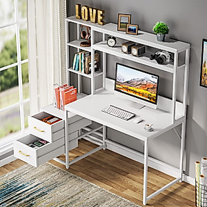 Tribesigns 55 Inch Computer Desk with 2 Drawers and Storage Shelves, White Office Desk with Hutch, Modern Study Writing Gaming Table Laptop Workstation for Home Office (White)
