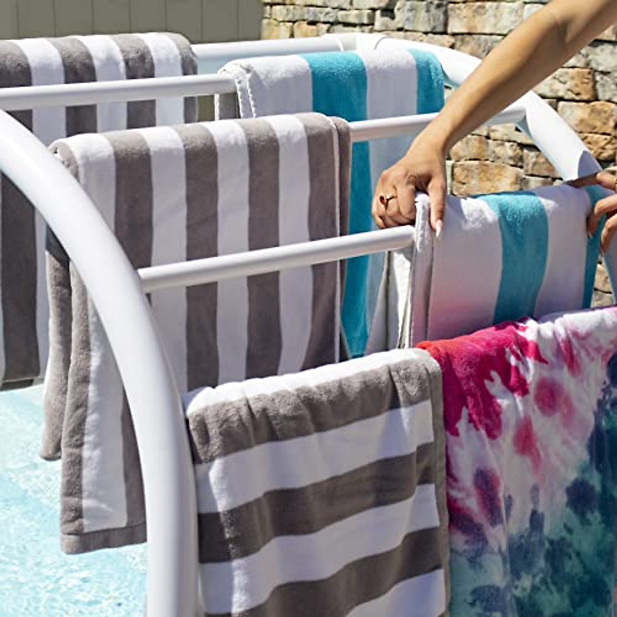 Essentially Yours 5 Bar Curved Towel Rack - Free Standing Poolside Storage Organizer - Also Stores Floats, Paddles and Noodles, 37.5" W x 23" L x 49.5 H, (White) Style 681577
