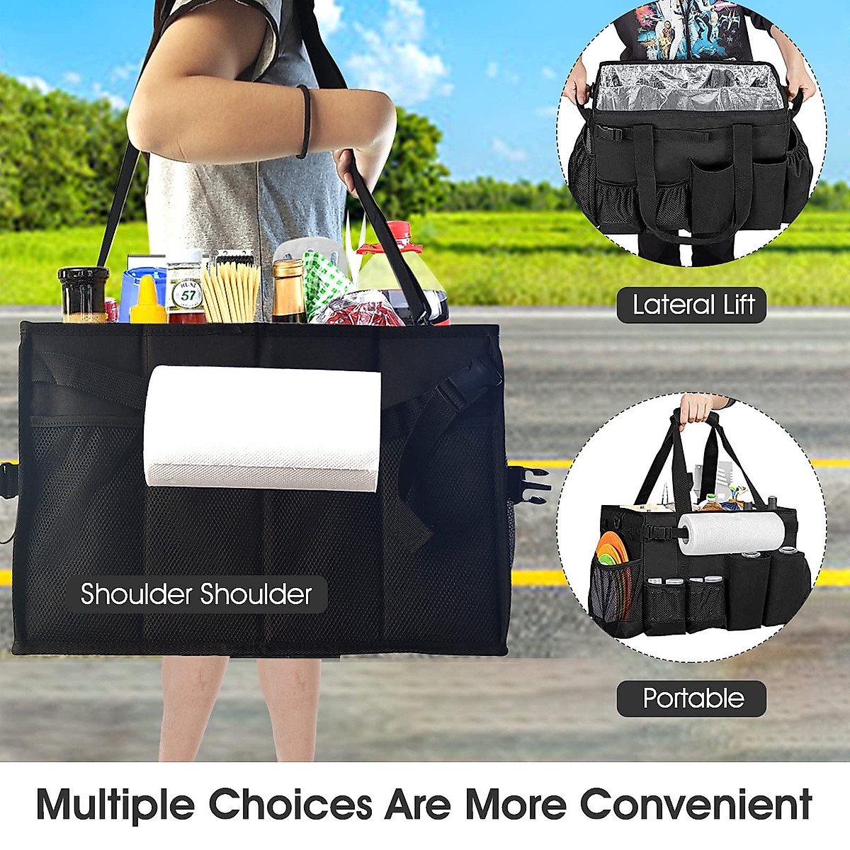 Large Grill Utensil Caddy with Paper Towel Holder, Collapsible Picnic Bag Organizer for BBQ Supplies, Easy Carry Griddle Caddy for Utensil, Plate, Portable Bag for Travel, Trunk, RV