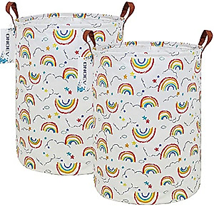 ONOEV 2 Pack Round Fabric Storage Bin,Decorative Basket,Organizer Basket with Handles,for Clothes Storage,books and sundries (2 Pack rainbow)