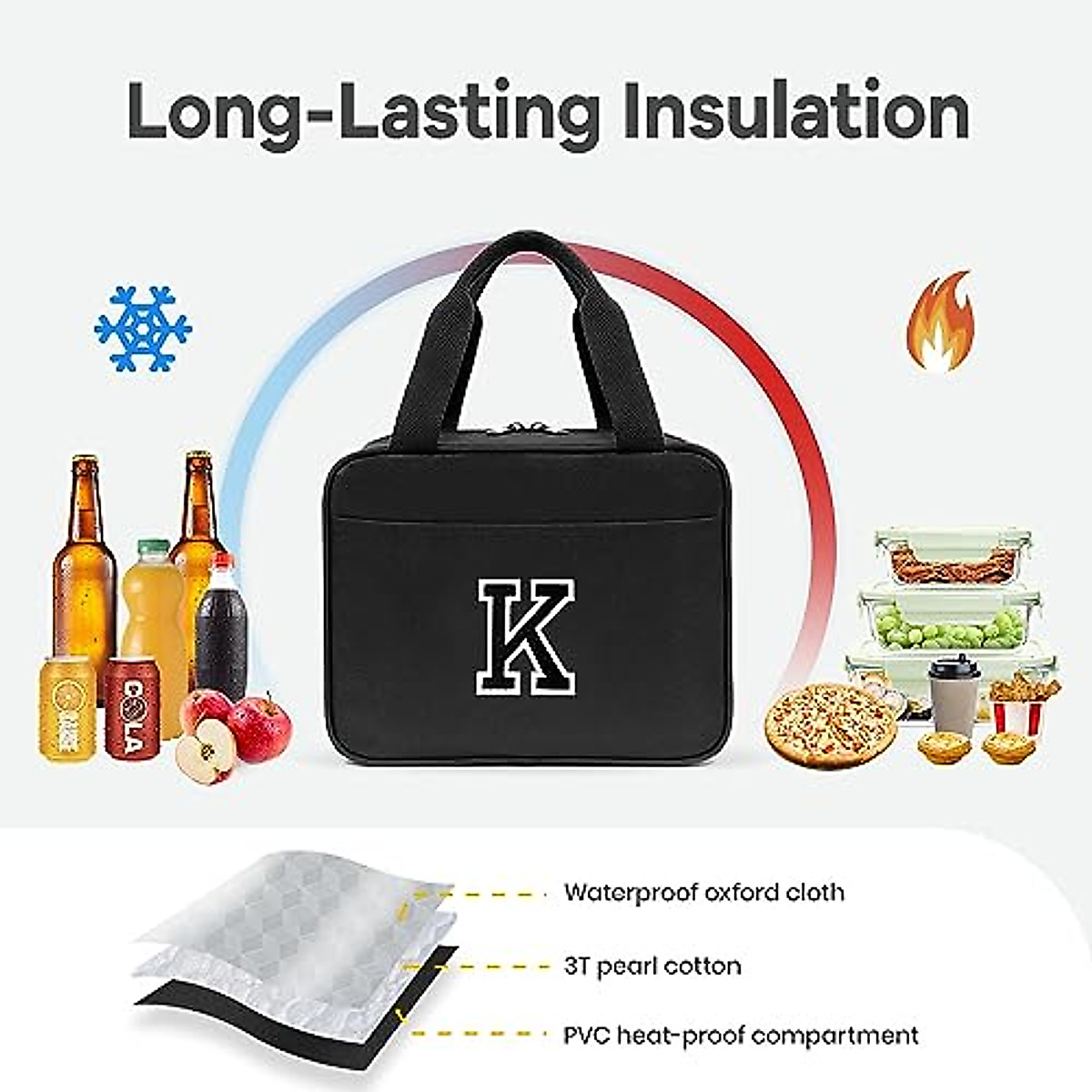 IDEATECH Lunch Bag Women Insulated, Black Lunch Box for Men, Monogrammed Lunch Bags for Work, Personalized Reusable Lunch Tote Bag, Small Cute Lunchbox Cooler Sack (Black, K)