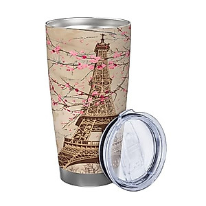 AYCZN Vintage Paris Flower 20 OZ Tumbler Stainless Steel Travel Coffee Mug, Eiffel Tower Insulated Water Bottle with Lid Leakproof Thermal Cup