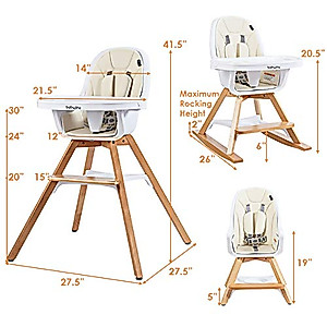 BABY JOY 3 in 1 High Chair, Baby Eat & Grow Convertible Wooden High Chair/Rocking Chair/Booster Seat/Toddler Chair, Infant Dining Chairs w/ Double Removable Tray, 5-Point Seat Belt & PU Cushion, Beige