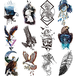 Ooopsiun 12 Large Sheets Eagle Temporary Tattoos For Men Kids, Cool Waterproof Body Fake Tattoo Sticker for Aldult 3D Eagle Large Arm Tattoos