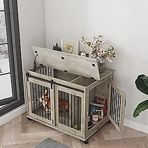 Rophefx Dog Crate Furniture with Sliding Door, Dog Kennel Indoor with Partition for Two Puppies, Dog Cage with Flip-up Top and Wheels, Chew-Resistant Wooden Dog House, Grey