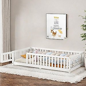 ChicFurnit Bed Frame, Twin Size Bed with Safety Guardrails & Door, Kids Floor Bed with Removed Slats, Floor Bed Frame with Low Profile Design for Bedroom, Living Room, No Box Spring Needed, White