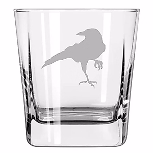 MIP Brand 12 oz Square Base Rocks Whiskey Double Old Fashioned Glass Crow Raven Blackbird