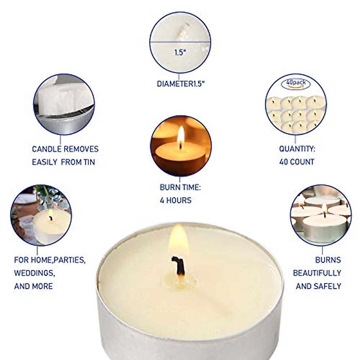 50Pack Tealight Candles,Unscented Tea Lights Candles, White, Smokeless, Dripless & 6Hours Burn Time Long Burning Paraffin Tea Candles for Home, Romantic Decor，Pool, Shabbat, Weddings & Emergencies