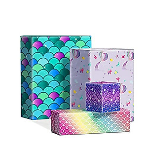 Mermaid Scale Wrapping Paper Set - 8 Sheets Mermaid Wrapping Paper Gift Wrapping Paper, Mermaid Themed Birthday Wrapping Paper for Girls Birthday Christmas Baby Shower Party Supplies - 20'' x 27''