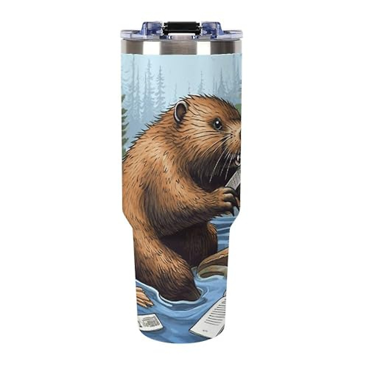 LLUTSNTH 40 Oz Vacuum Tumbler with Black Handle Leakproof Insulated Tumbler Busy Beaver Cartoon Stainless Steel Travel Mug with Lid And Straw Coffee Cup Cute Water Bottles Cup Holder Friendly
