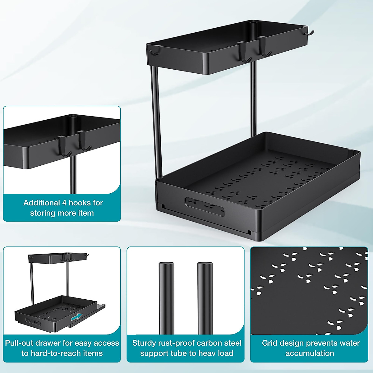 JWQ Under Sink Organizer 2 Pack, Pull Out L-Shaped Bathroom Kitchen Sink Organizers and Storage, Versatile 2 Tier Under Sink Cabinet Drawer Shelf, Bathroom Accessories and Kitchen Essentials, Black