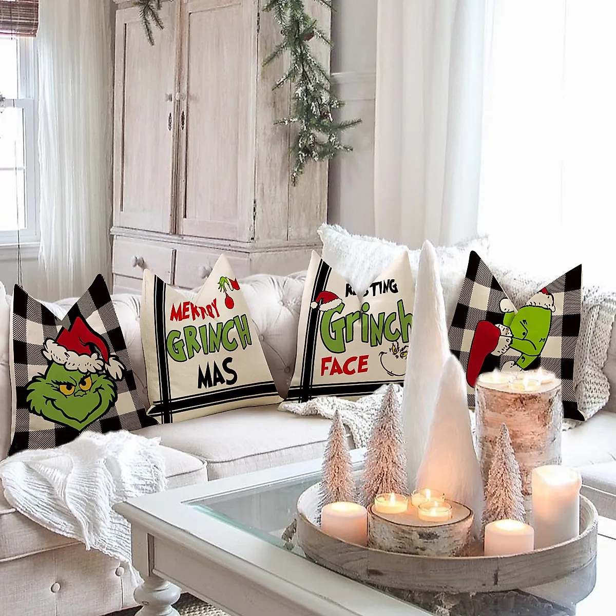 HIMATAID Christmas Pillow Covers 18x18 Set of 4 for Grinchmas Christmas Decorations Christmas Pillows Xmas Farmhouse Decor Throw Pillow Covers for Porch Decor,Couch,Bed