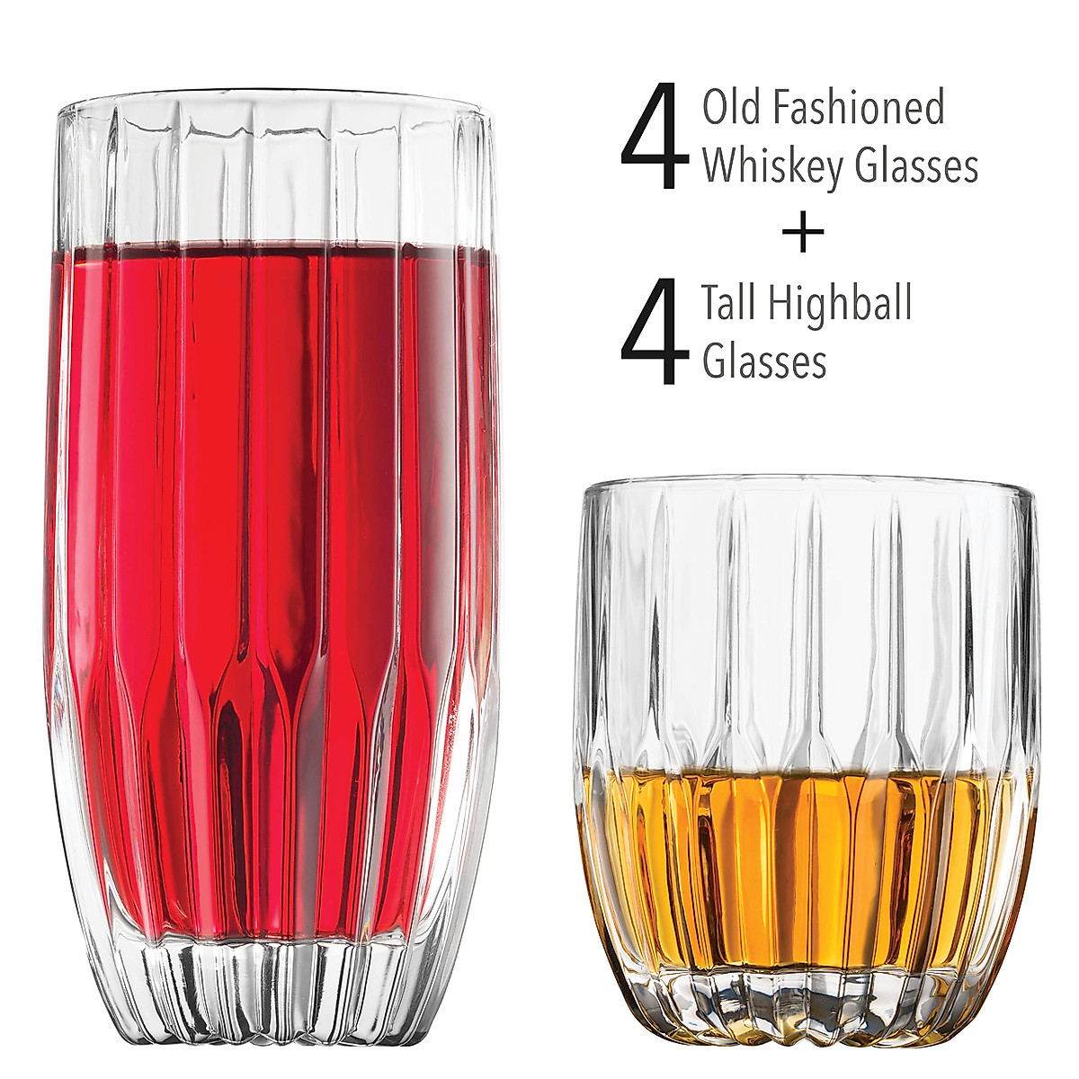 Godinger Drinking Glasses Set, Highball Drinking Glasses and Whiskey Glasses, 8pc Barware Set, Tall Glass Cups, Water Glasses, Cocktail Glasses - 4 Highballs (12oz) and 4 Whiskey Glasses (10oz)