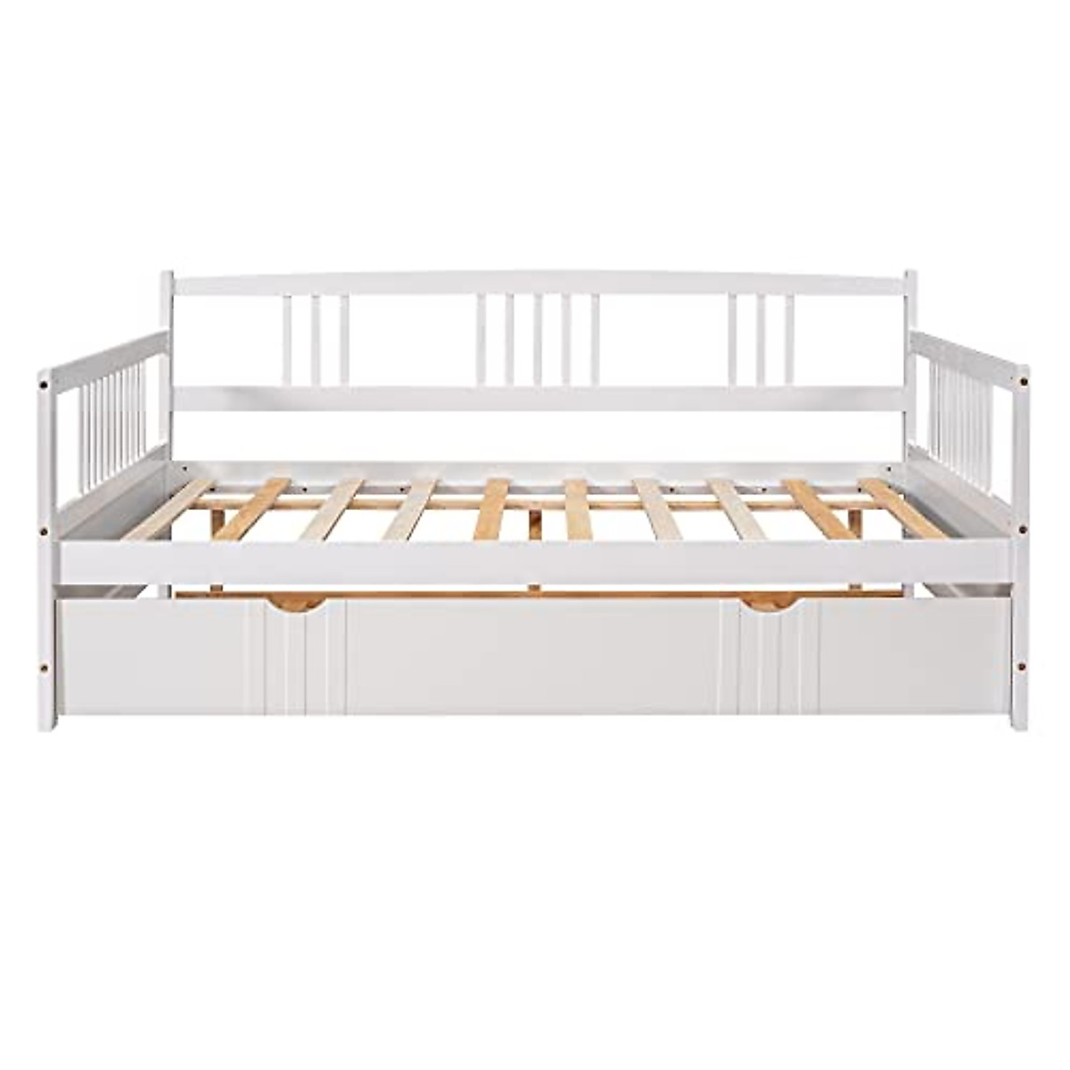 Lepfun Full Daybed with Twin Size Trundle, Wood Full Size Bed Frame with Rails in Three Sides, Full Sofa Bed for Living Room, Bedroom, Apartment, Dorm, No Box Spring Needed (Full, White)