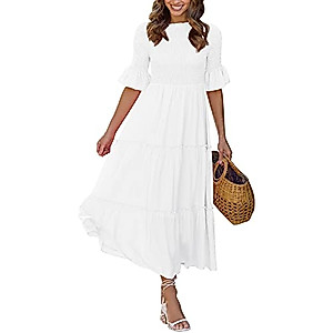 LILLUSORY Womens Summer Dresses Graduation Bridal Shower Flowy Smocked Ruffle Boho Modest 2023 Long Sundresses Trendy Casual Sun Dress with Sleeves White