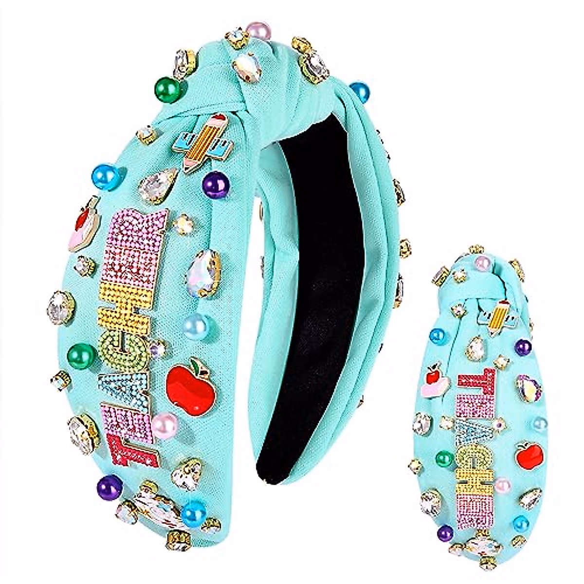 NVENF Teacher Headband for Women Teacher Accessories Crystal Pearl Knotted Headband Rhinestone Beaded Embellished Top Knot Headband Back To School Outfits Teacher Appreciation Gifts (Style E)