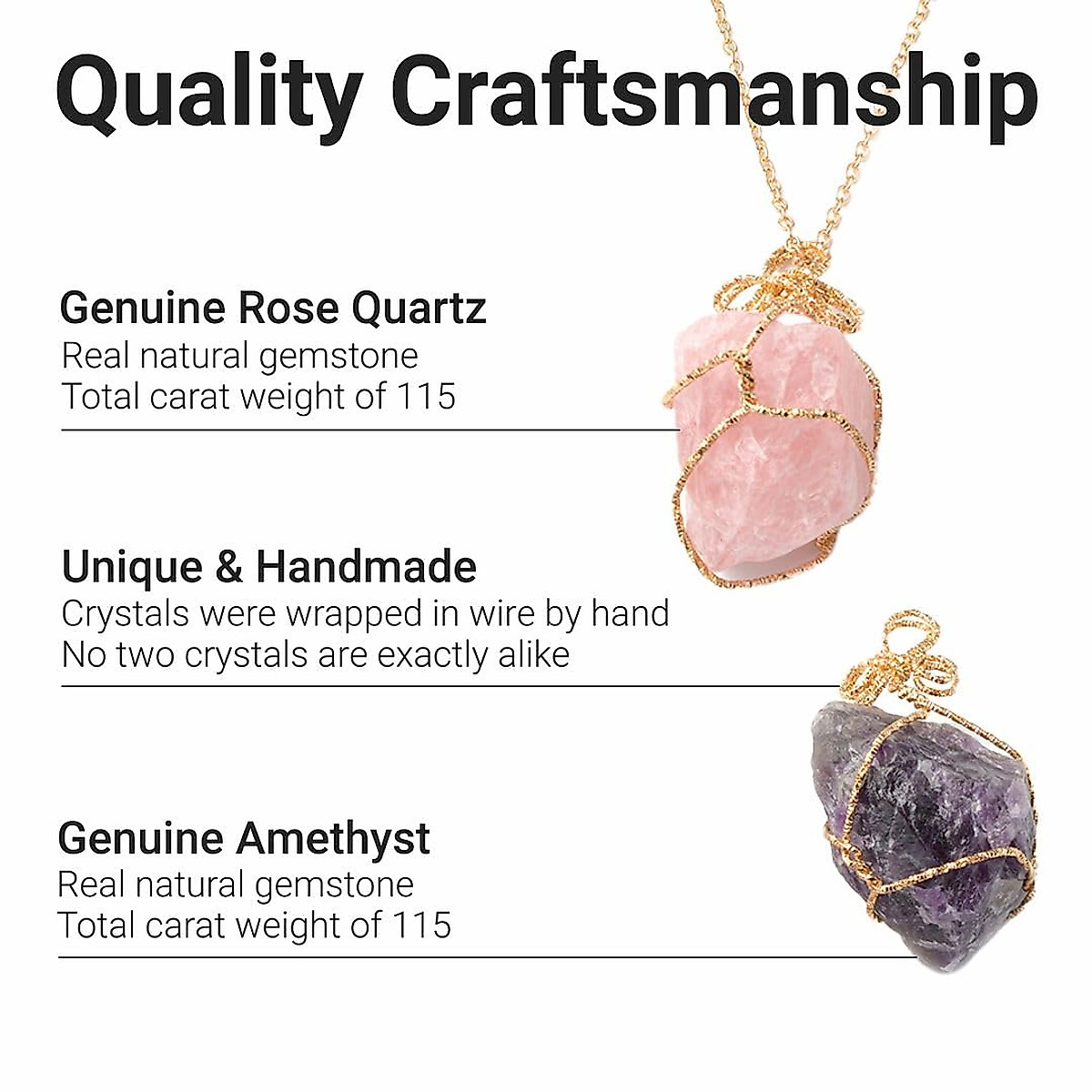 Shop LC Crystal Necklaces - Handmade Healing Amethyst & Rose Quartz Raw Gemstone Necklace Sets - 24" Necklace Length - Set of 2 Jewelry Birthday Gifts for Women