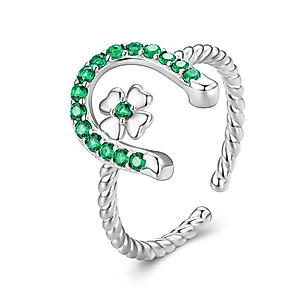 CZ Horseshoe 925 Sterling Silver Ring for Women Love U Clover Flower Adjustable Twisted Open Band Finger Rings Comfort Fit Fashion Cute Green Crystal Jewelry Gift for Birthday Christmas St. Patrick's Day