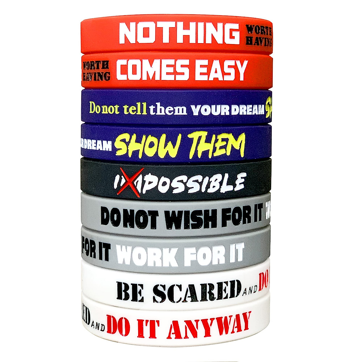 RUANJAI -Upgraded- 12-Pack Motivational Wristbands for Men, Women & Teens, 12x8” Silicone Rubber Bracelets with Inspirational Quotes, Unisex Adult Wristbands, 5 Unique Designs, 12 Pack