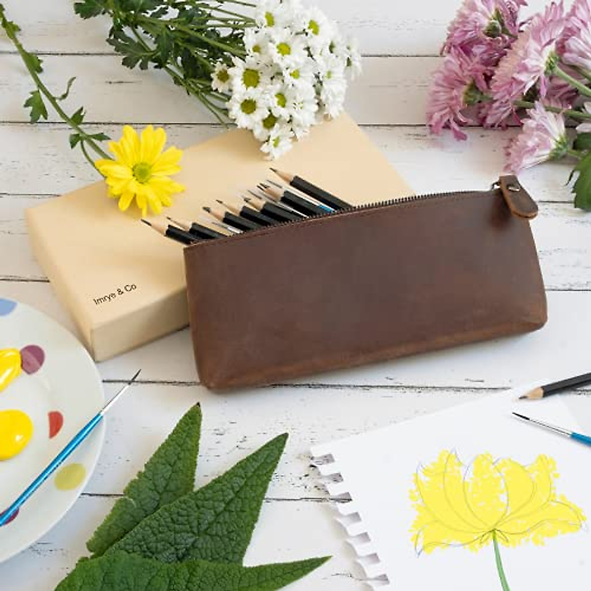 Leather Pencil Case for Adults - 100% Genuine leather pen case with zipper. A luxury gift ideal for professionals, artists, insulin, tampon / period items or small makeup bag for purse
