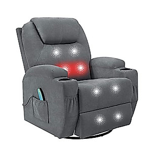Flamaker Rocking Chair Recliner Chair with Massage and Heating 360 Degree Swivel Ergonomic Lounge Chair Classic Single Sofa with 2 Cup Holders Side Pockets Living Room Chair Home Theater Seat (Gray)