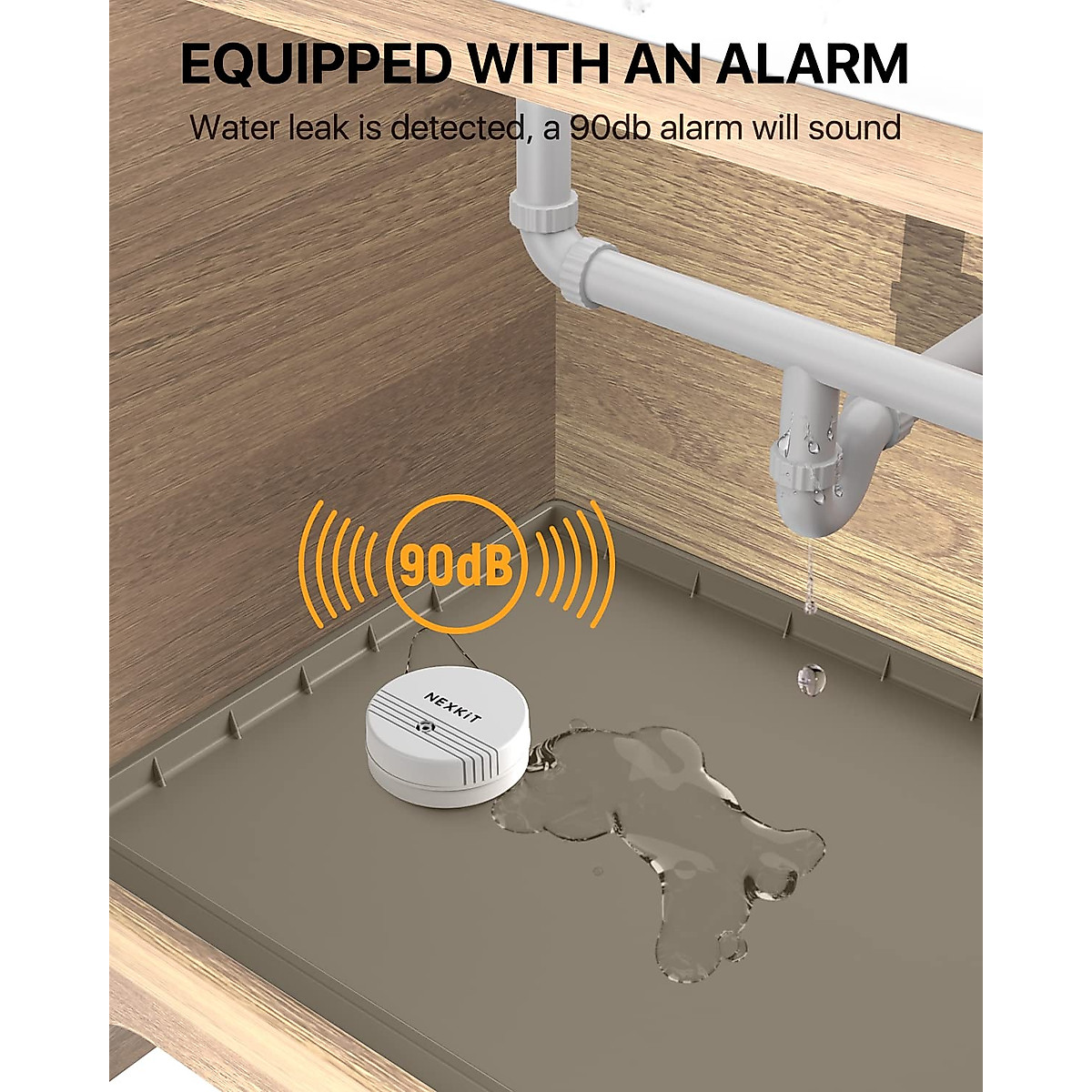 Under Sink Mat, Waterproof Silicone Mat with Water Leak Sensor Alarm, 34" x 22" Kitchen Cabinet Mat, Under Sink Liner Holds up to 3.7 Gallons Liquid(Brown)